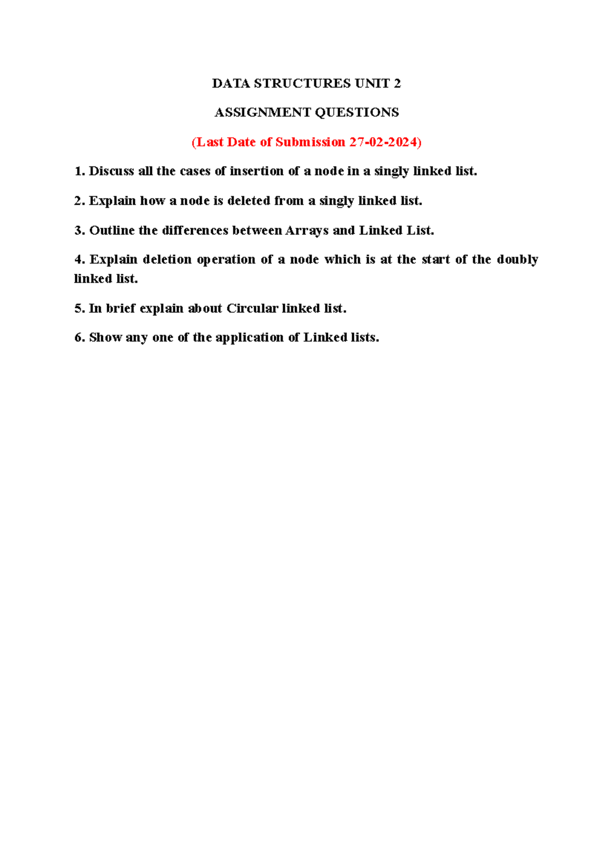Data Structures Unit 2 Assignment Questions Artificial Intelligence Data Structures Unit 2