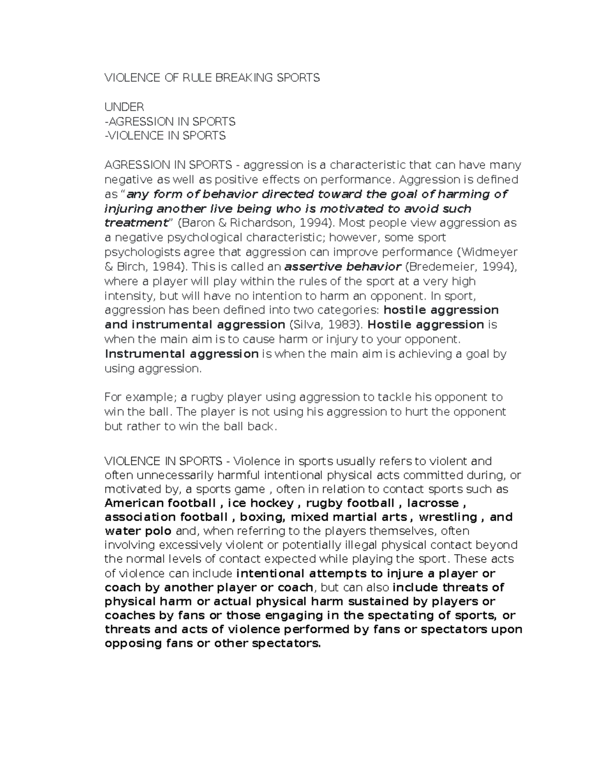 Violence OF RULE Breaking Sports - VIOLENCE OF RULE BREAKING SPORTS ...