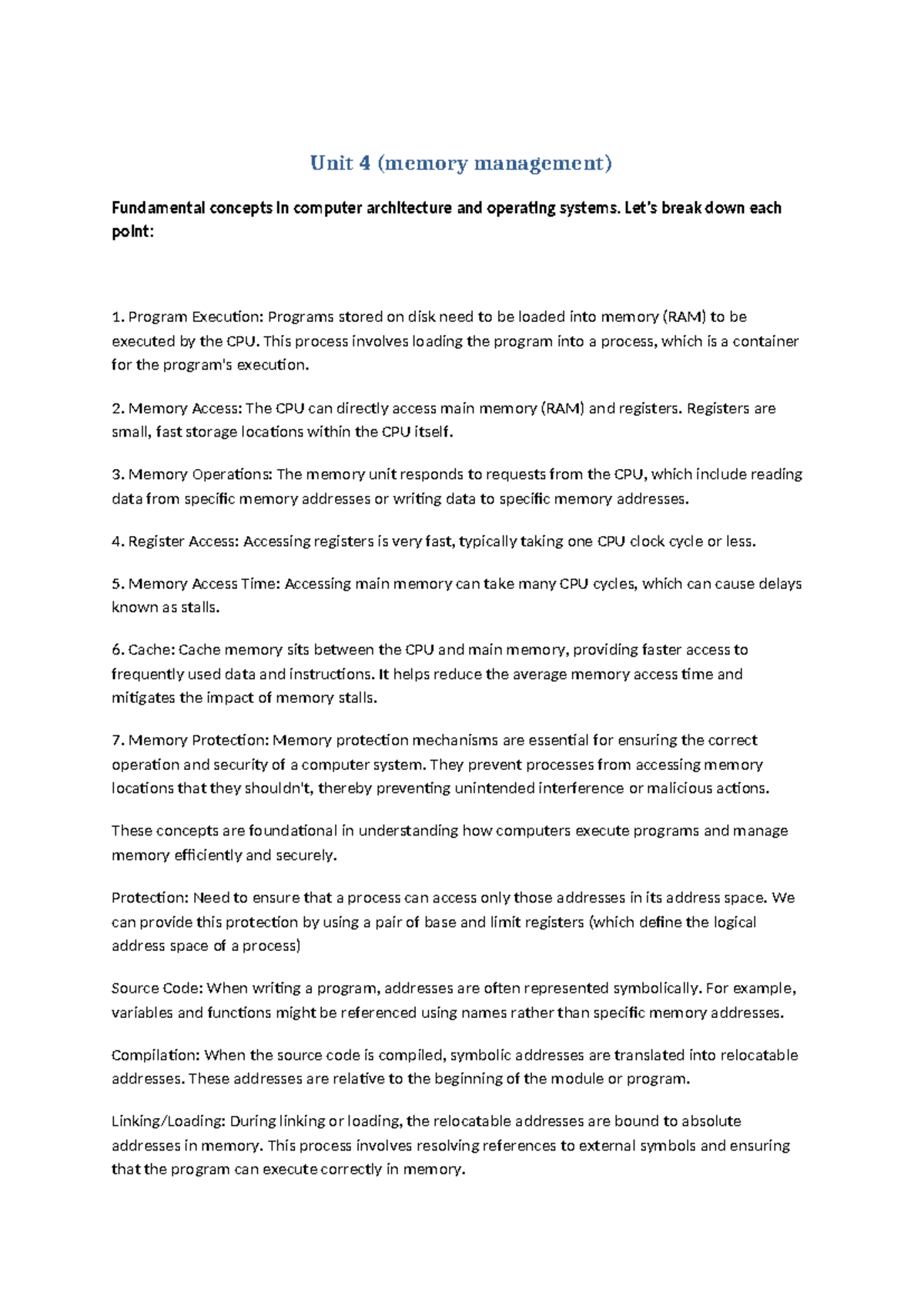 Operating Systems - Unit 4 (memory management) Fundamental concepts in ...