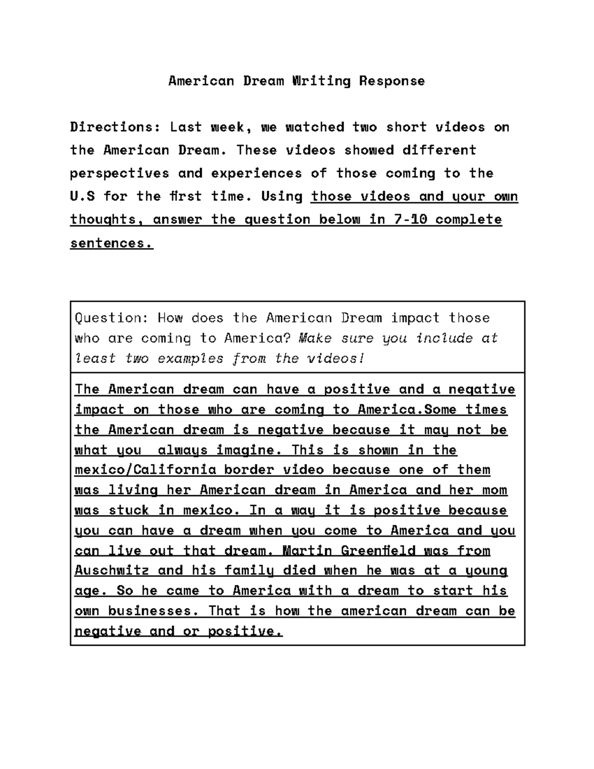 American Dream Writing Response - American Dream Writing Response ...