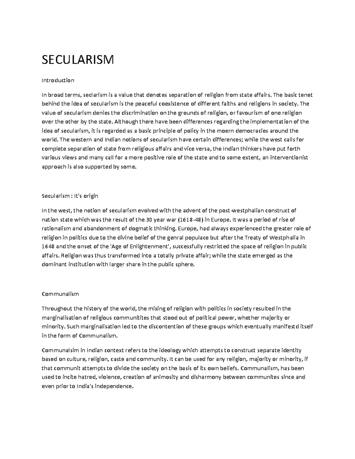 Secularism - SECULARISM Introduction In broad terms, seclarism is a ...