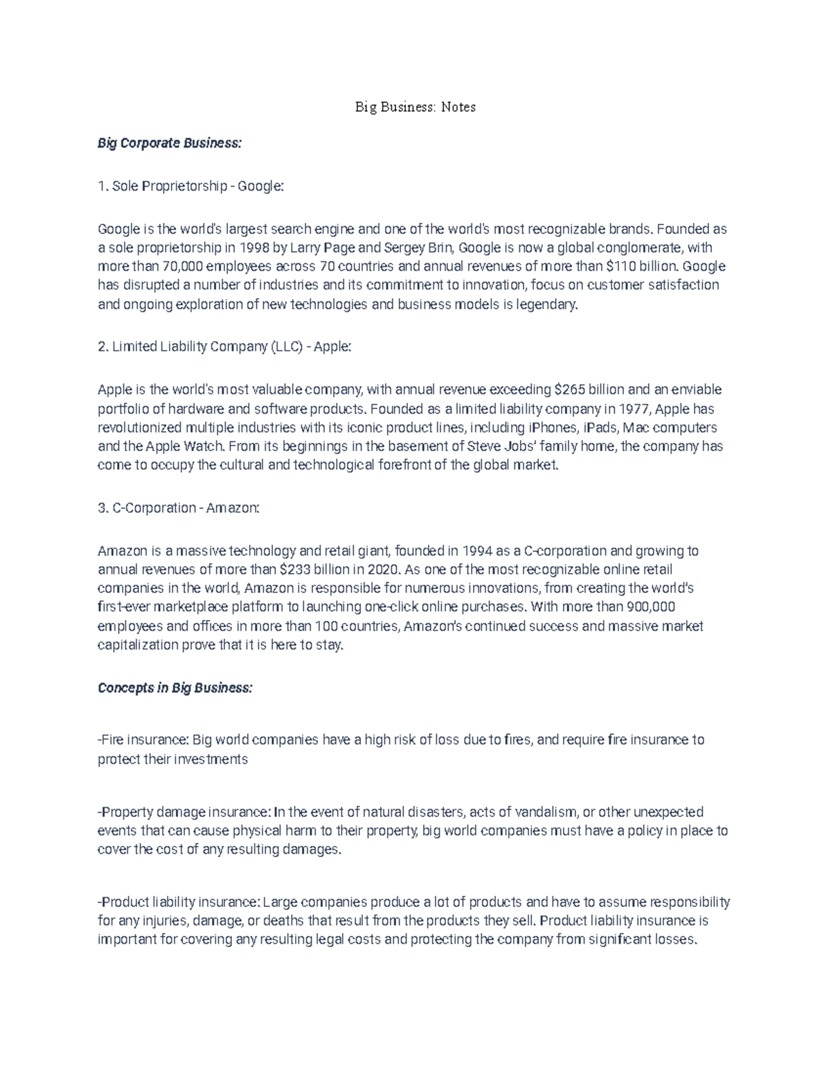 Big Business Notes - Big Business: Notes Big Corporate Business: Sole ...