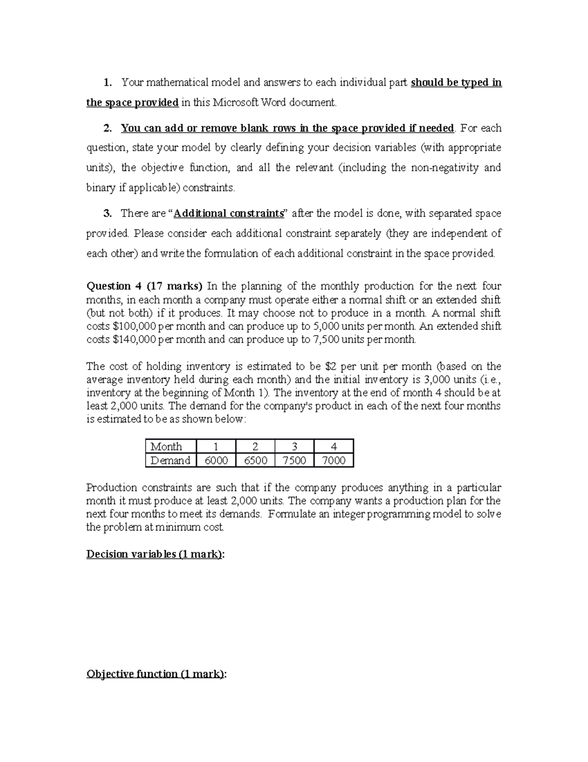 4 Planning - 1. Your mathematical model and answers to each individual ...