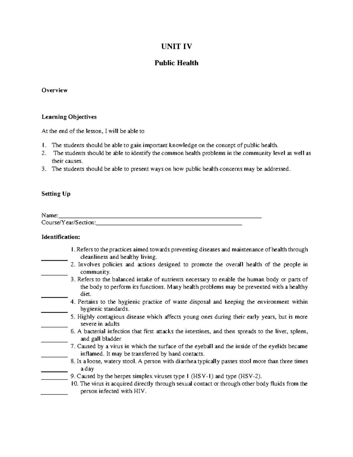 NSTP Module UNIT 4-Public Health - UNIT IV Public Health Overview ...