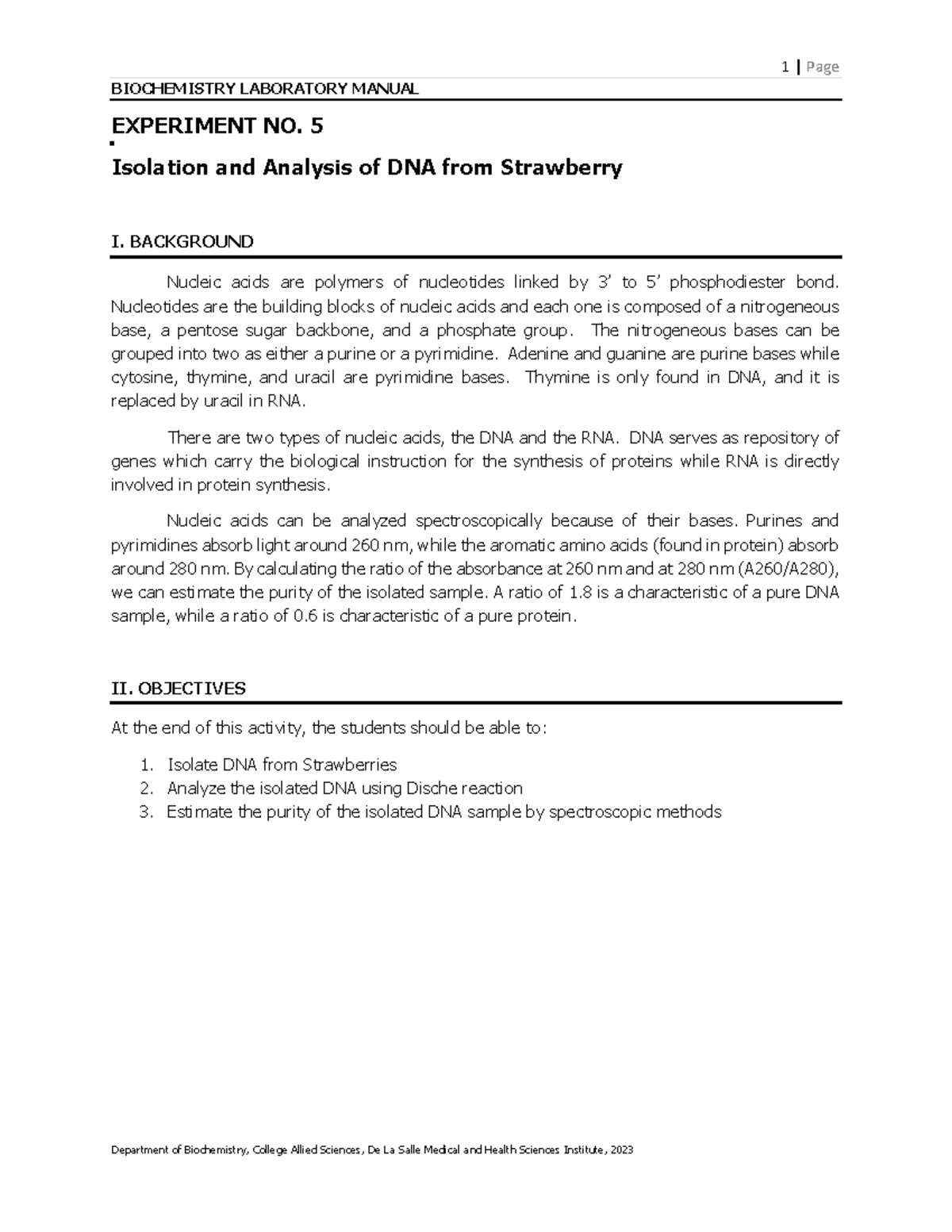 Isolation of DNA from Strawberry - BIOCHEMISTRY LABORATORY MANUAL EXPERIMENT NO. 5 Isolation and ...