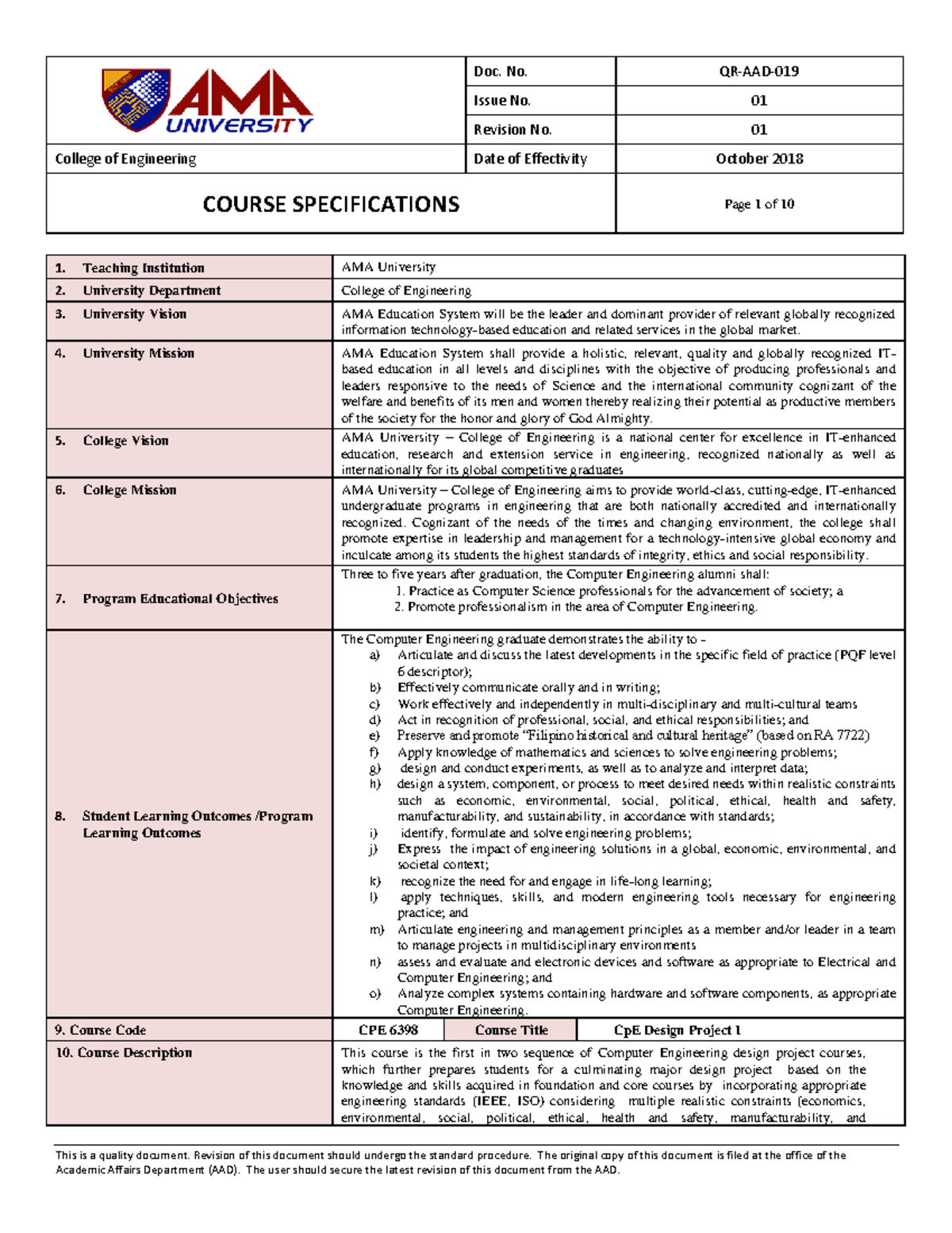 Course Specification File for Computer Science Design project 1 - Issue ...