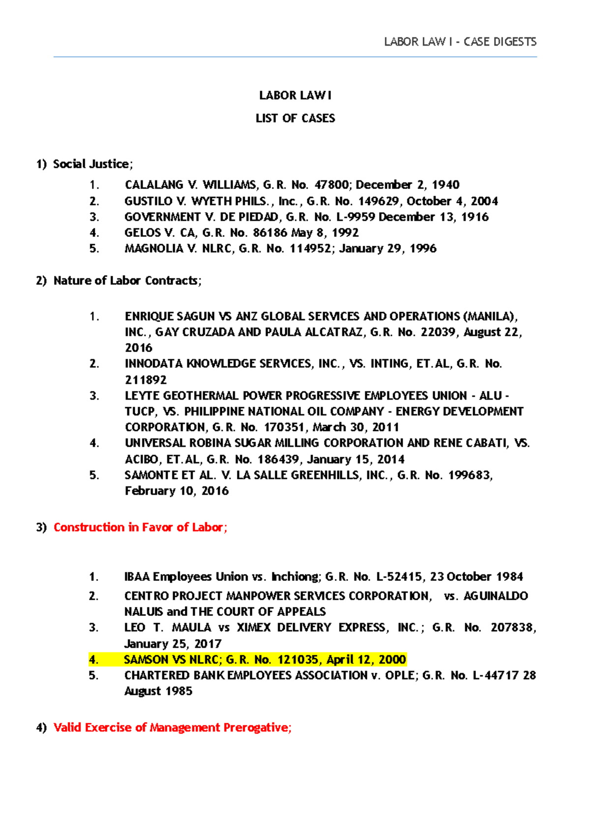 Table-of-COntents law - LABOR LAW I LIST OF CASES Social Justice ...