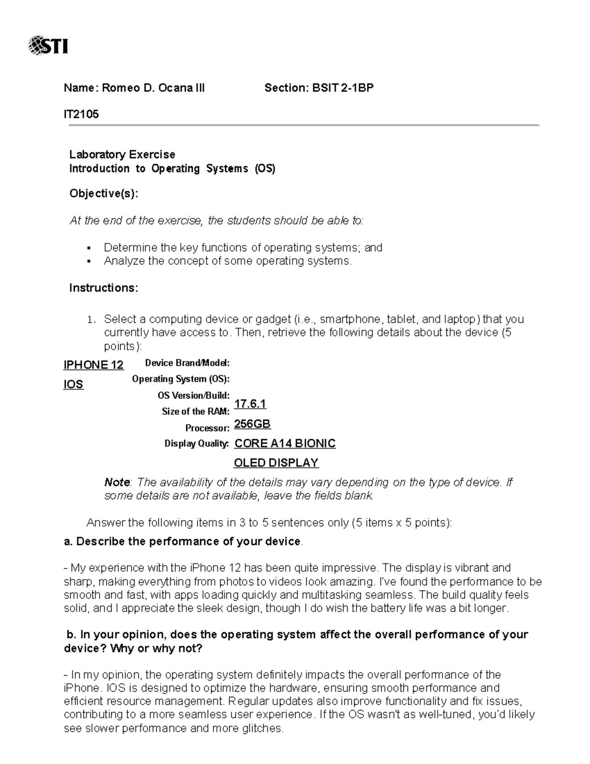 01 Laboratory Exercise 1(OS) - Name: Romeo D. Ocana III Section: BSIT 2 ...
