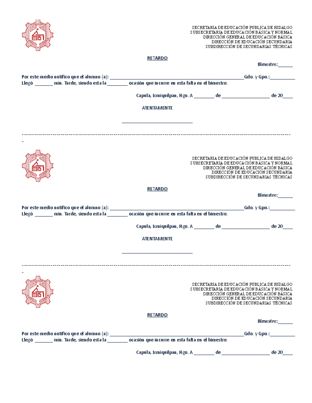 Retardo - formato requerido para reportes escolares - SUBSECRETARIA DE ...