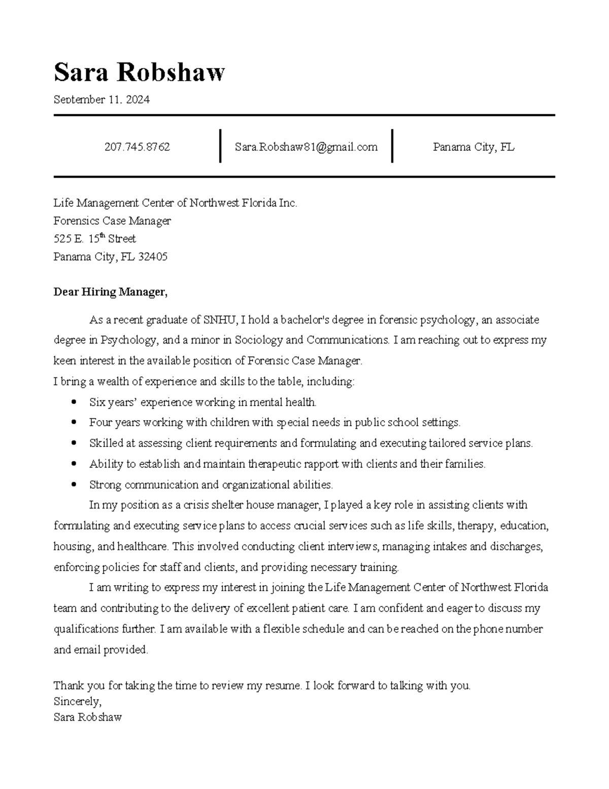 Final cover letter - Sara Robshaw September 11, 2024 207.745 Sara@gmail ...