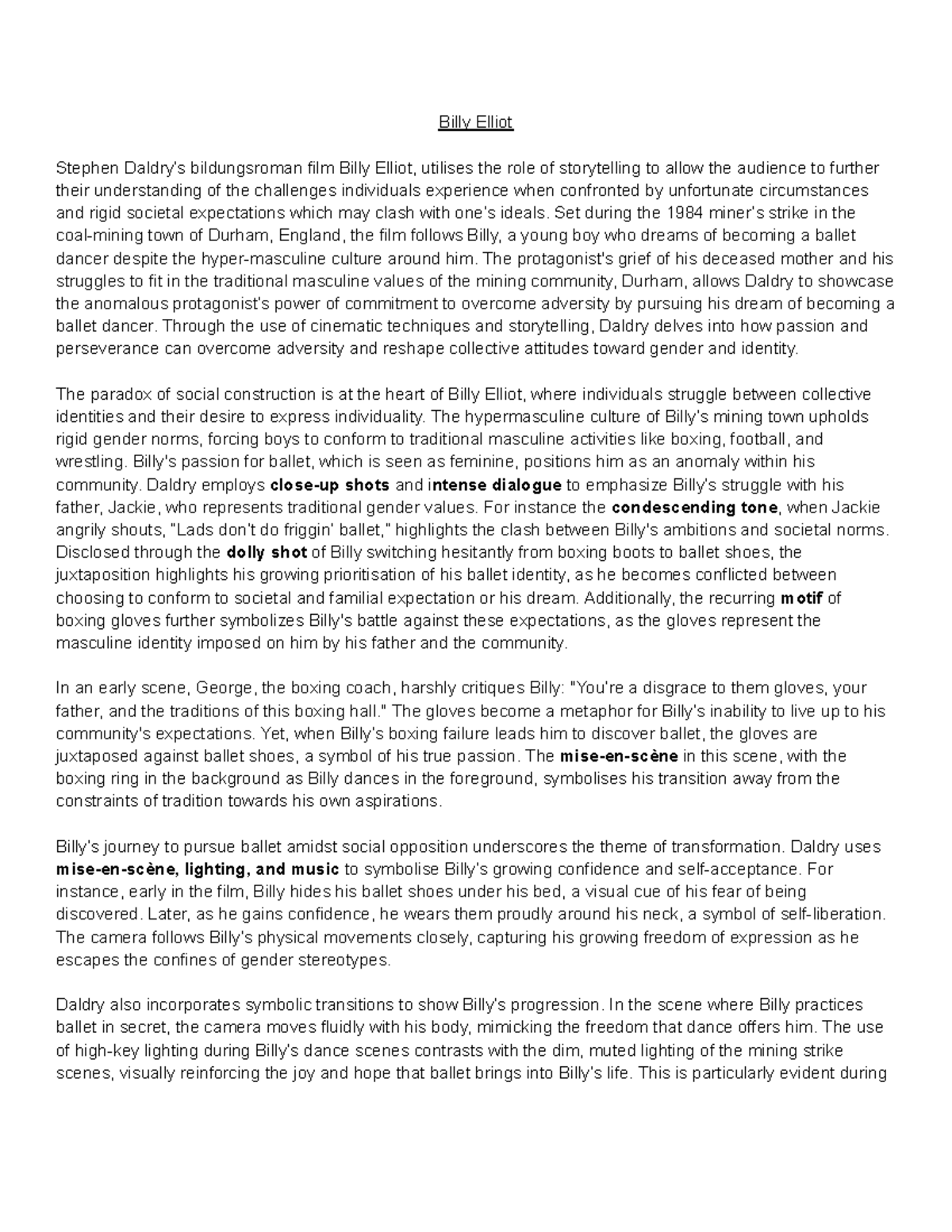English HSC - Short essay on Billy Elliot - Billy Elliot Stephen Daldry ...
