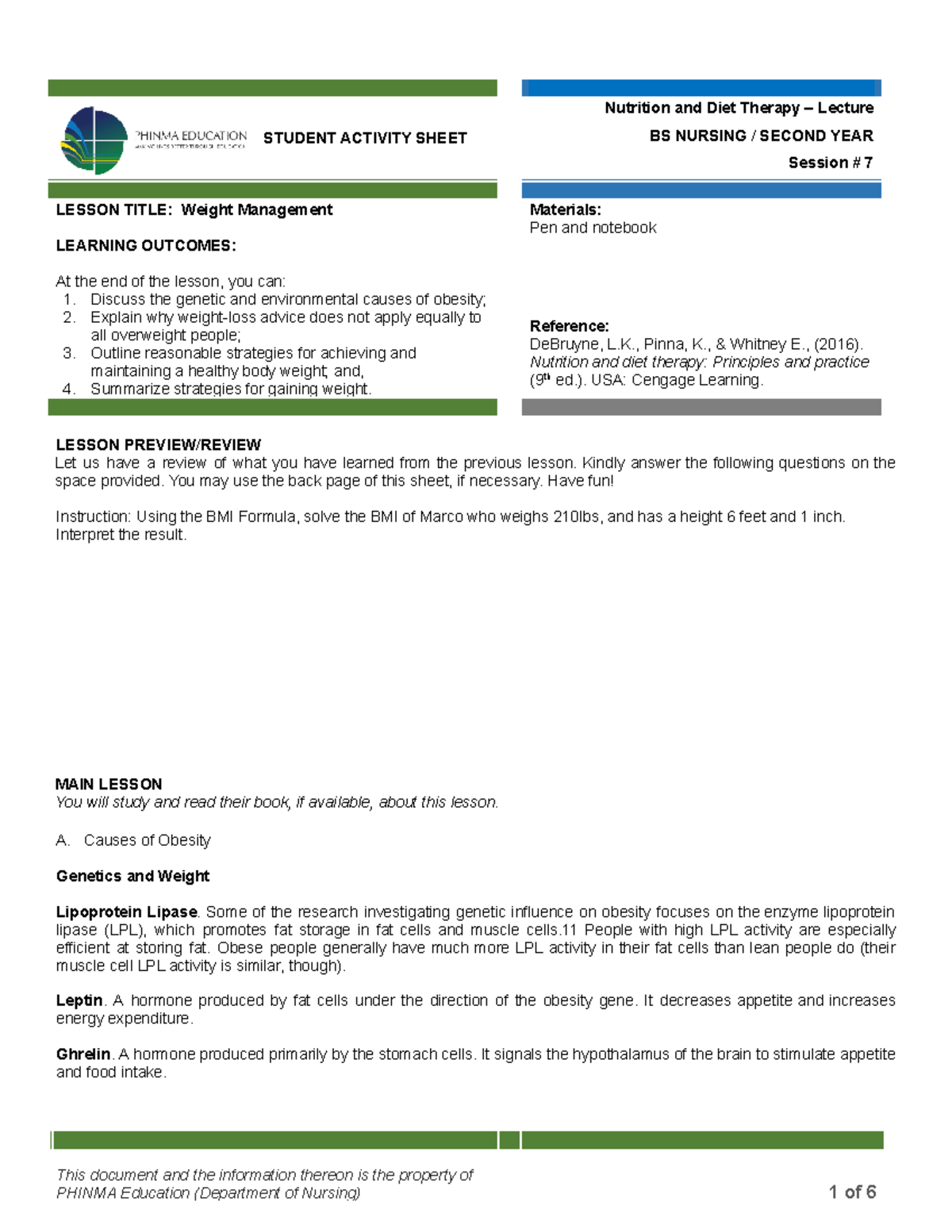 Session #7 - Nutrition - STUDENT ACTIVITY SHEET Nutrition and Diet Therapy – Lecture BS NURSING ...