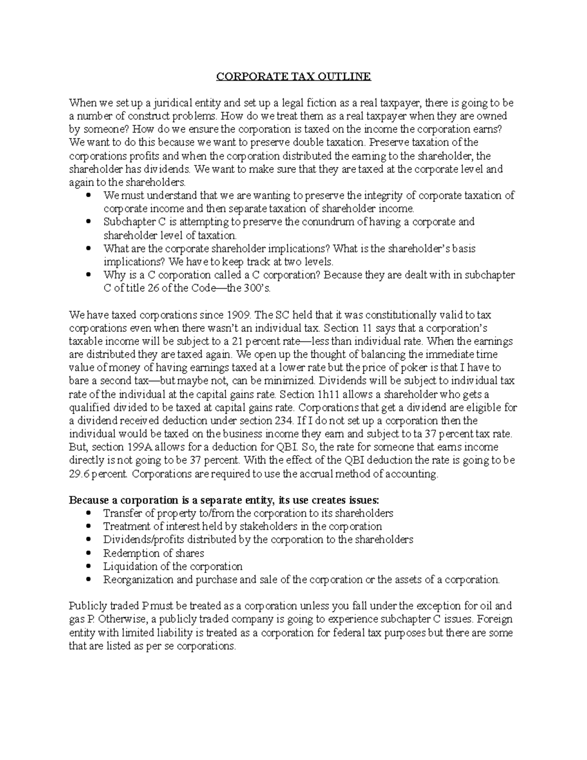 Corporate TAX Outline - CORPORATE TAX OUTLINE When we set up a ...