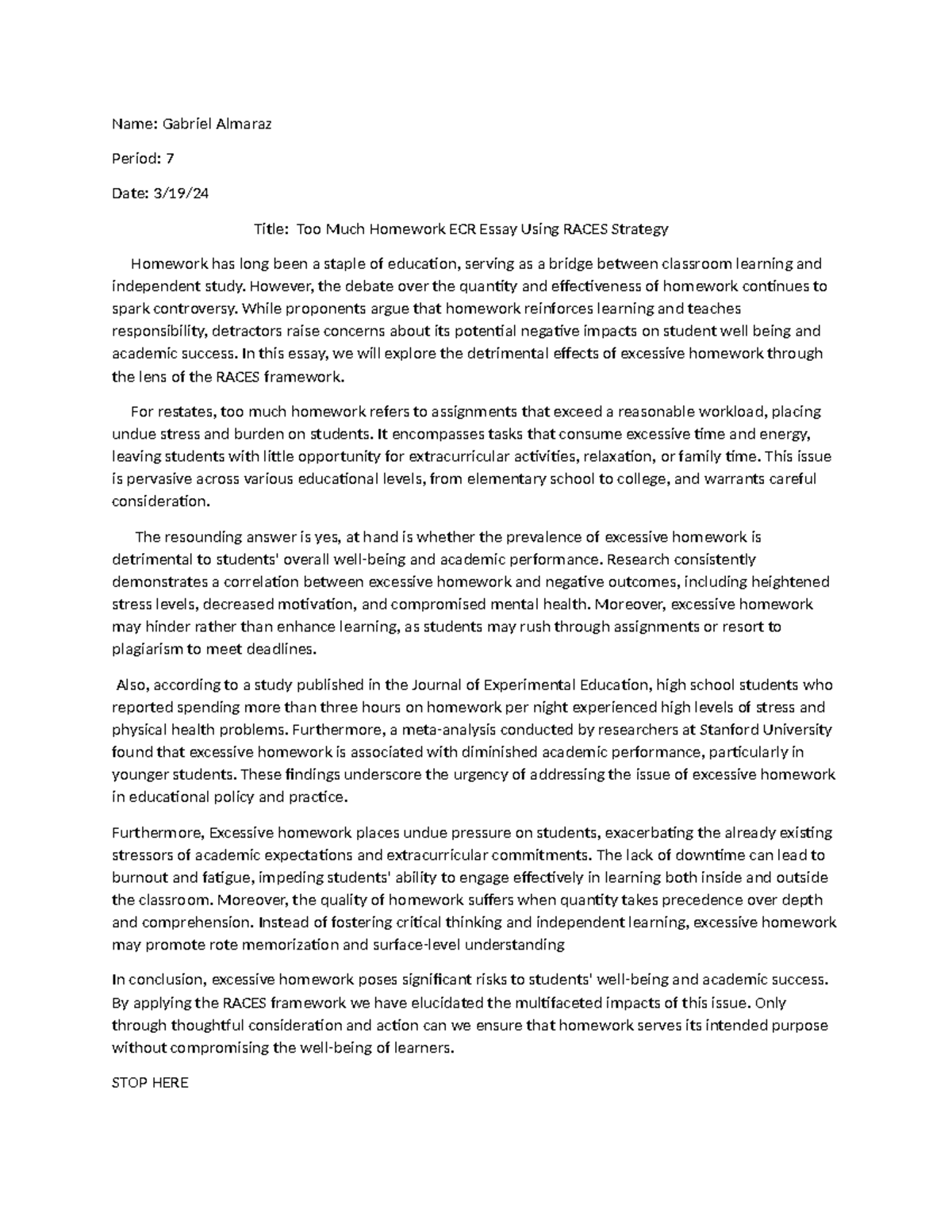 ECR Essay Blank WORD Doc - Name: Gabriel Almaraz Period: 7 Date: 3/19 ...