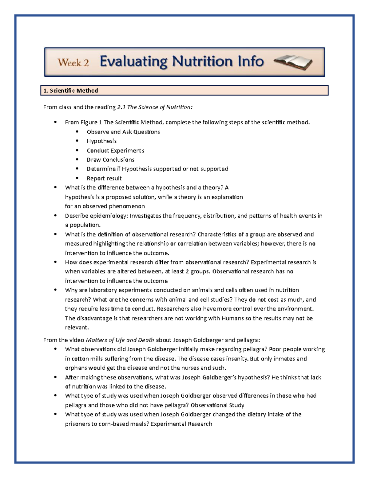 Week02 Study Guide - Scientific Method From class and the reading 2 The ...