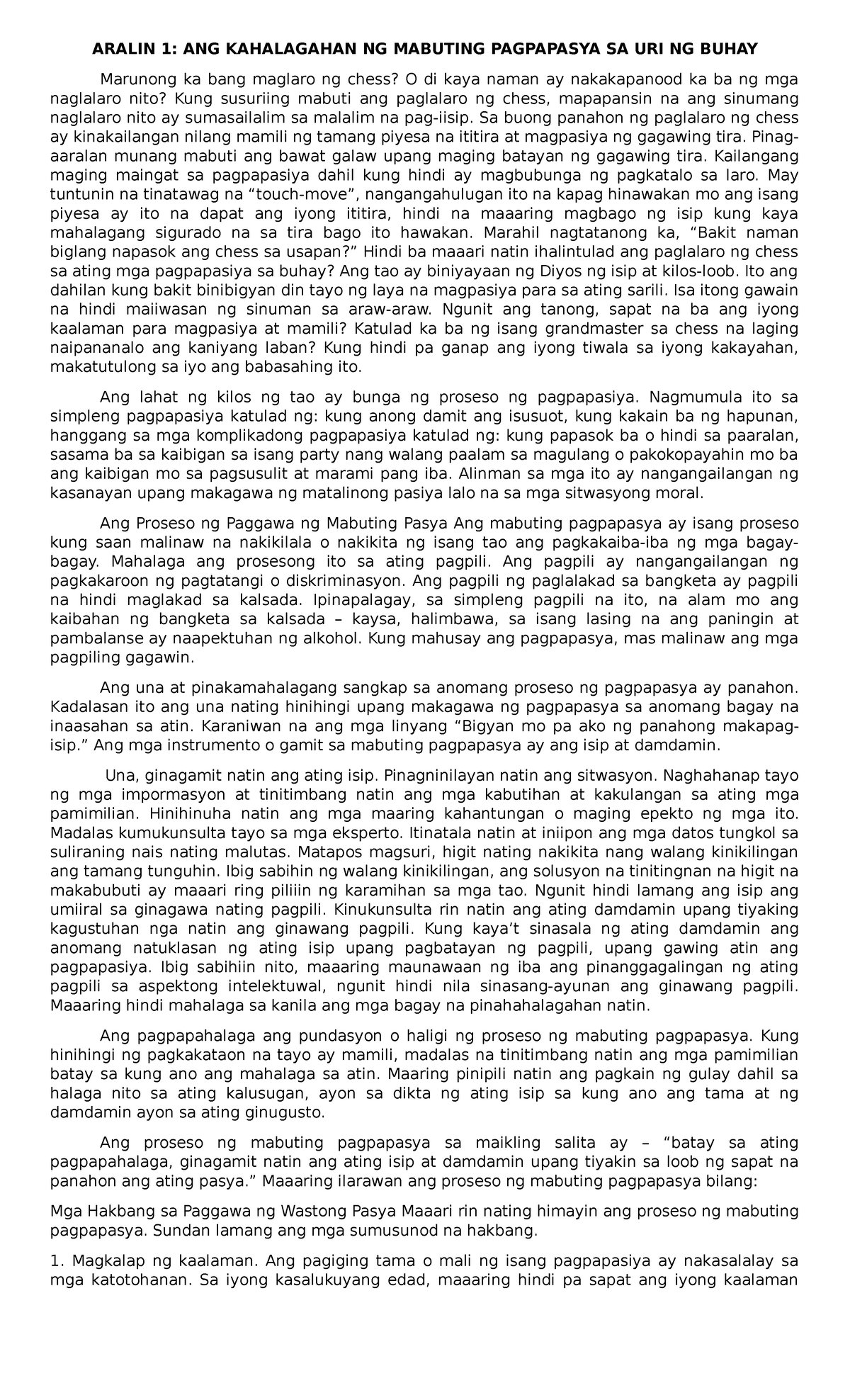 Q4 Aralin 1 - Mabuting- Pagpapasya - ARALIN 1: ANG KAHALAGAHAN NG ...
