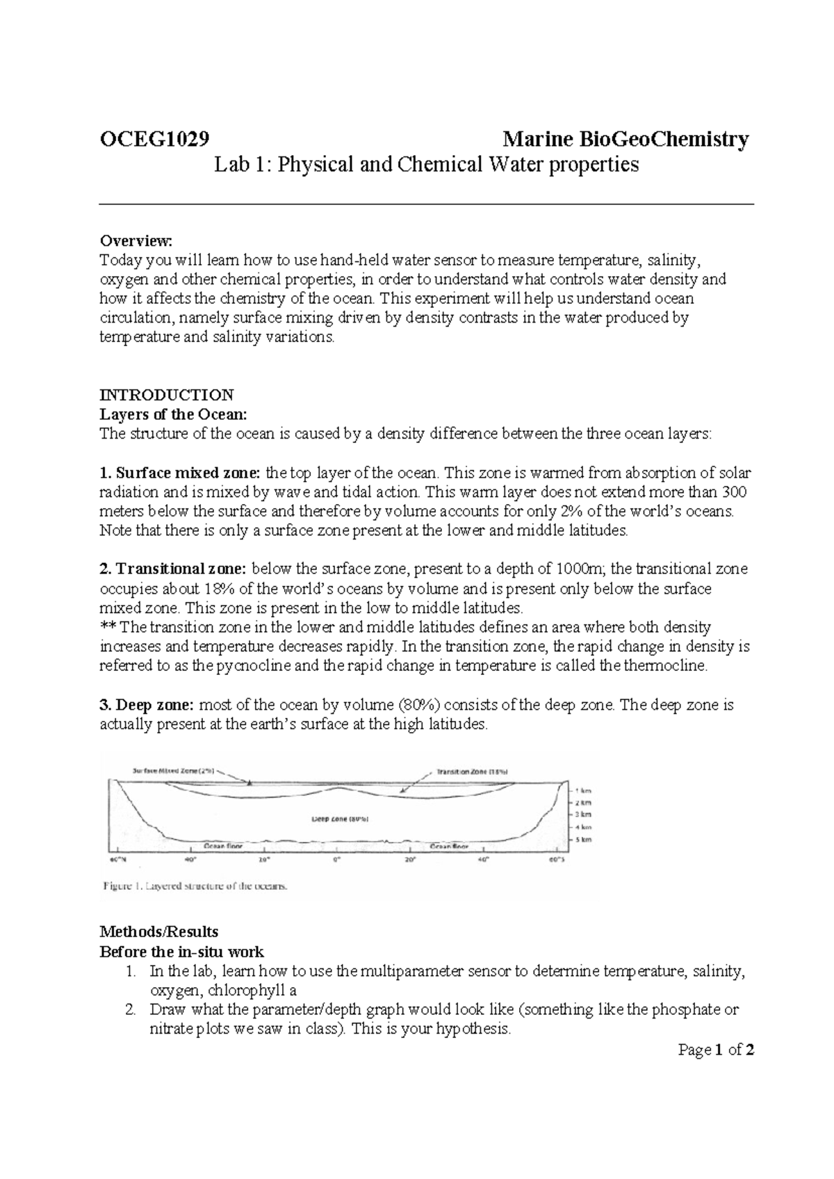 Lab 1 handout - OCEG1029 Marine BioGeoChemistry Lab 1: Physical and Chemical Water properties ...