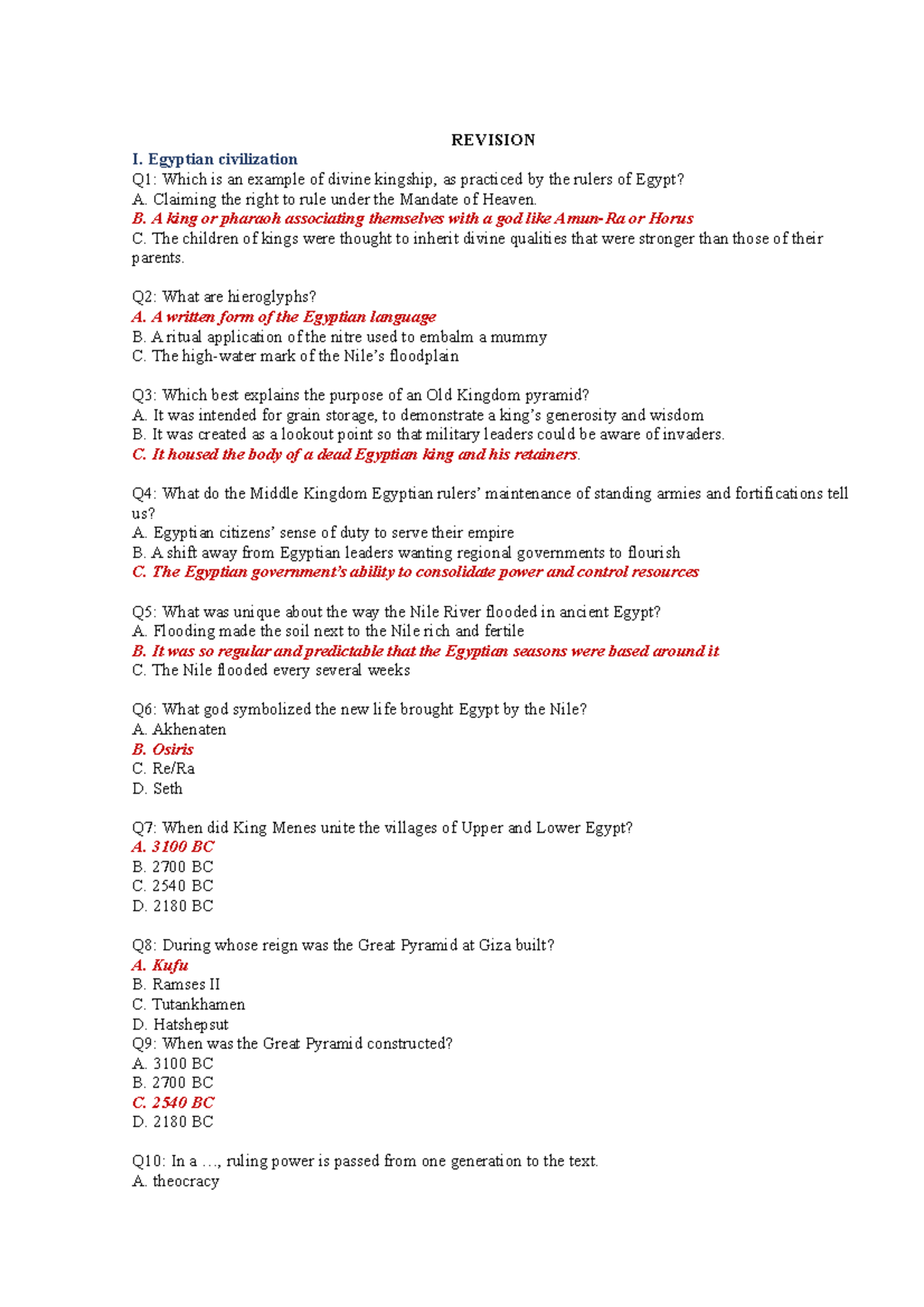 Summary for final-term examination - REVISION I. Egyptian civilization ...