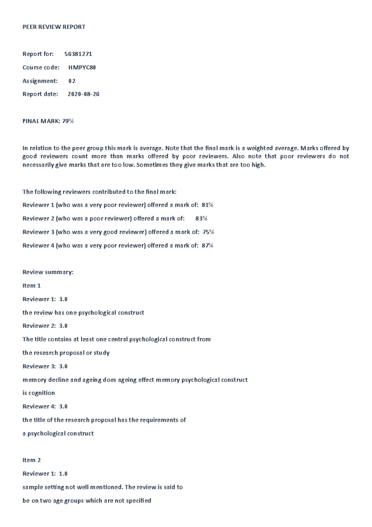 PEER Review Report - PEER REVIEW REPORT Report for: 56381271 Course ...