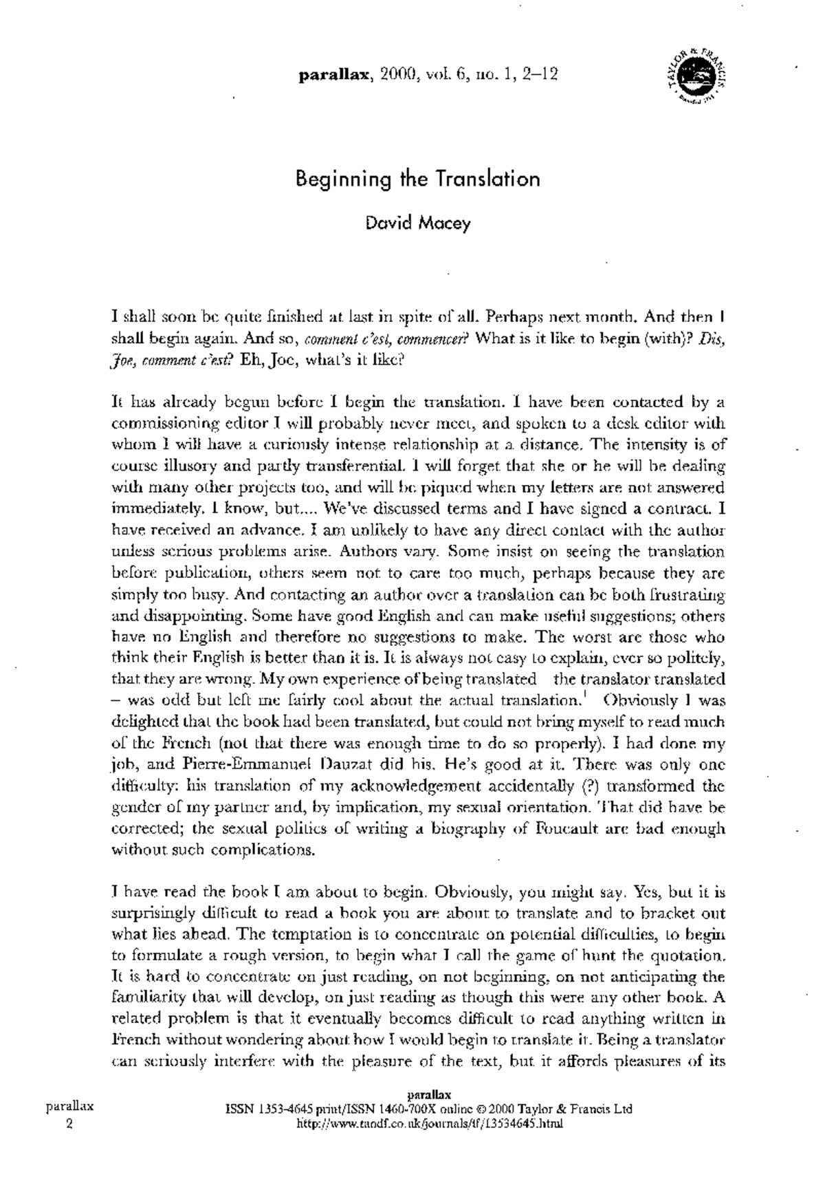 David Macey - essays - Prática da Tradução de Ciências Sociais e ...