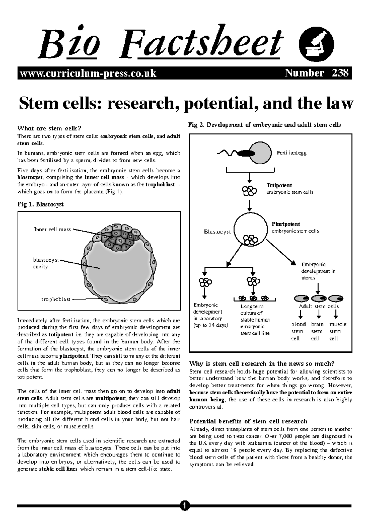 8.1b Ind Task Stem cells - Bio Factsheet 1 curriculum-press.co Number ...