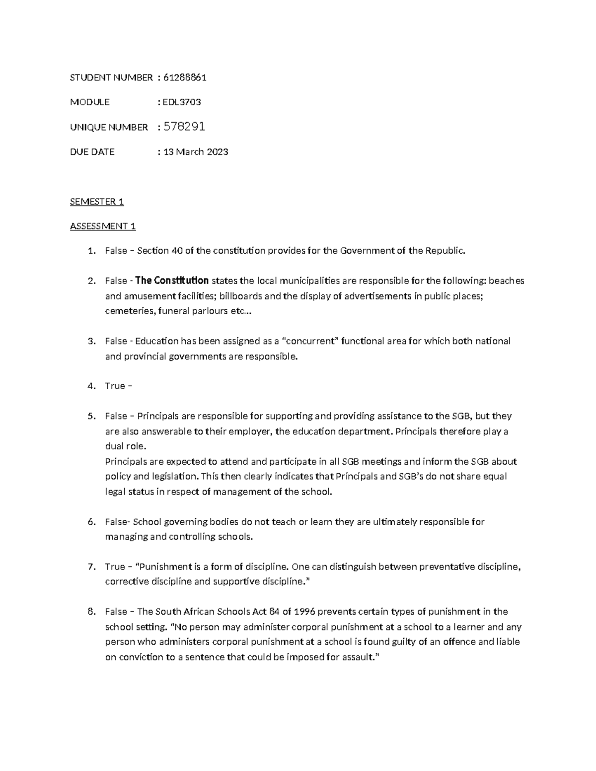 EDL3703 - STUDENT NUMBER : 61288861 MODULE : EDL UNIQUE NUMBER : 578291 ...