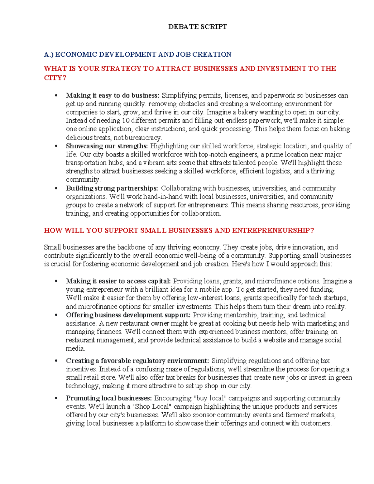 Debate Script - Mayor Platform - DEBATE SCRIPT A.) ECONOMIC DEVELOPMENT ...