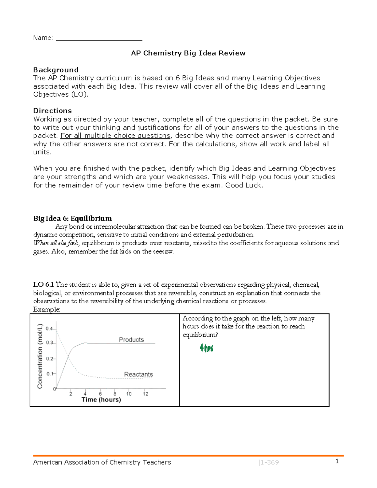 AP Chem Review Big Idea 6 - Name: ______________________ AP Chemistry ...