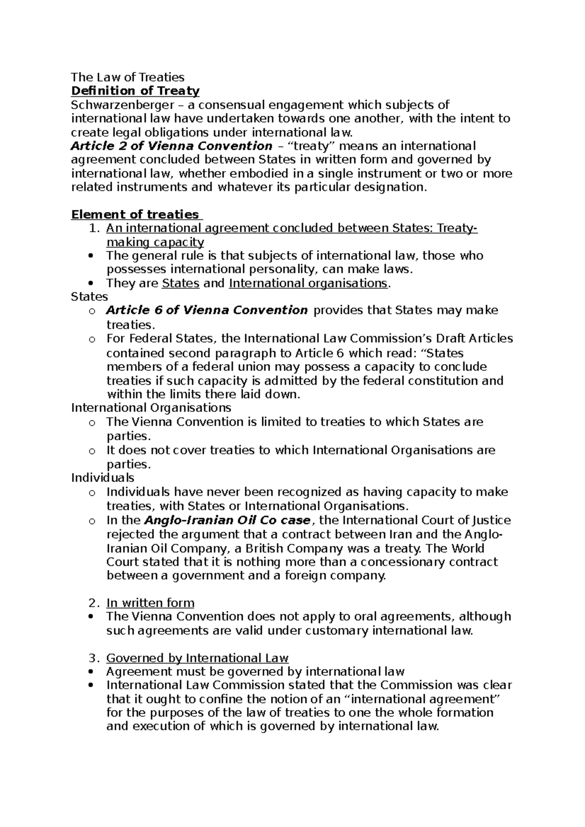The Law of Treaties - Lecture notes 8 - The Law of Treaties Definition ...