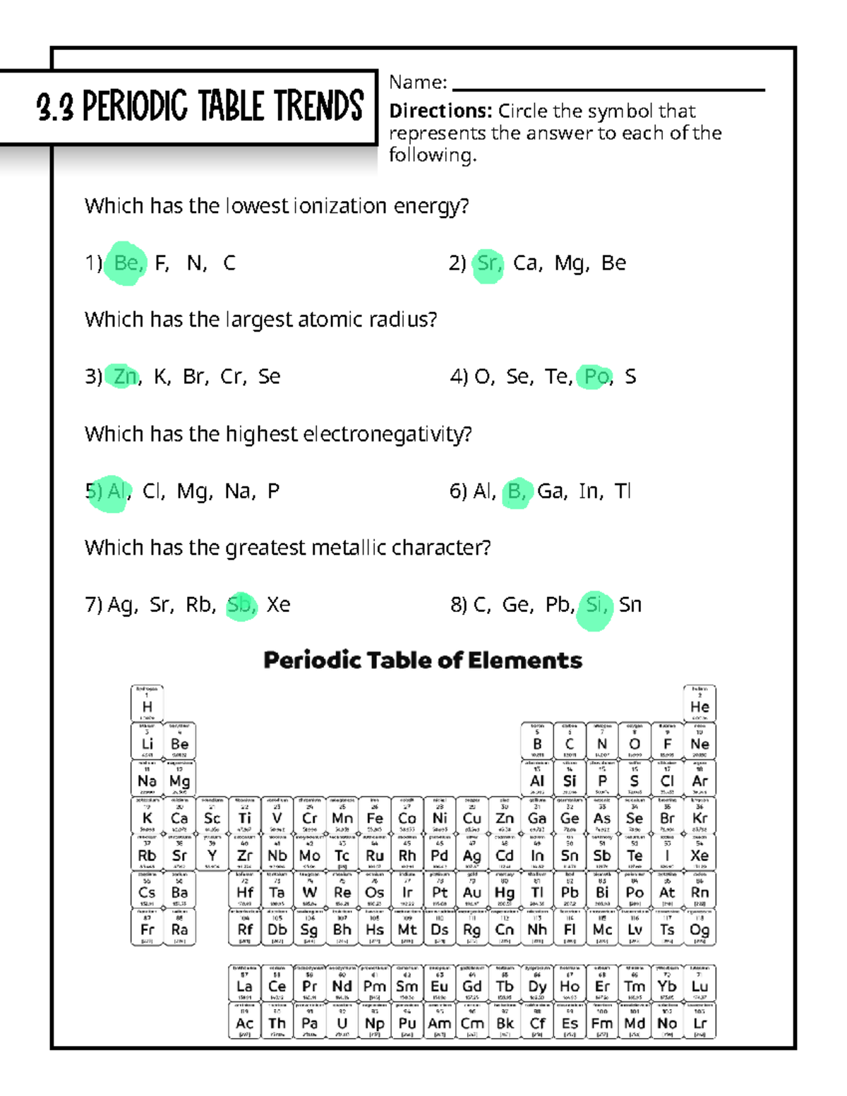 GC - Periodic Table Worksheet - Which has the lowest ionization energy ...