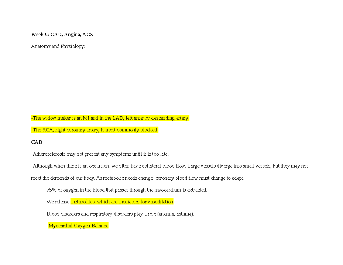 CAD, ACS, CID - Cardiac notes. - Week 9: CAD, Angina, ACS Anatomy and ...