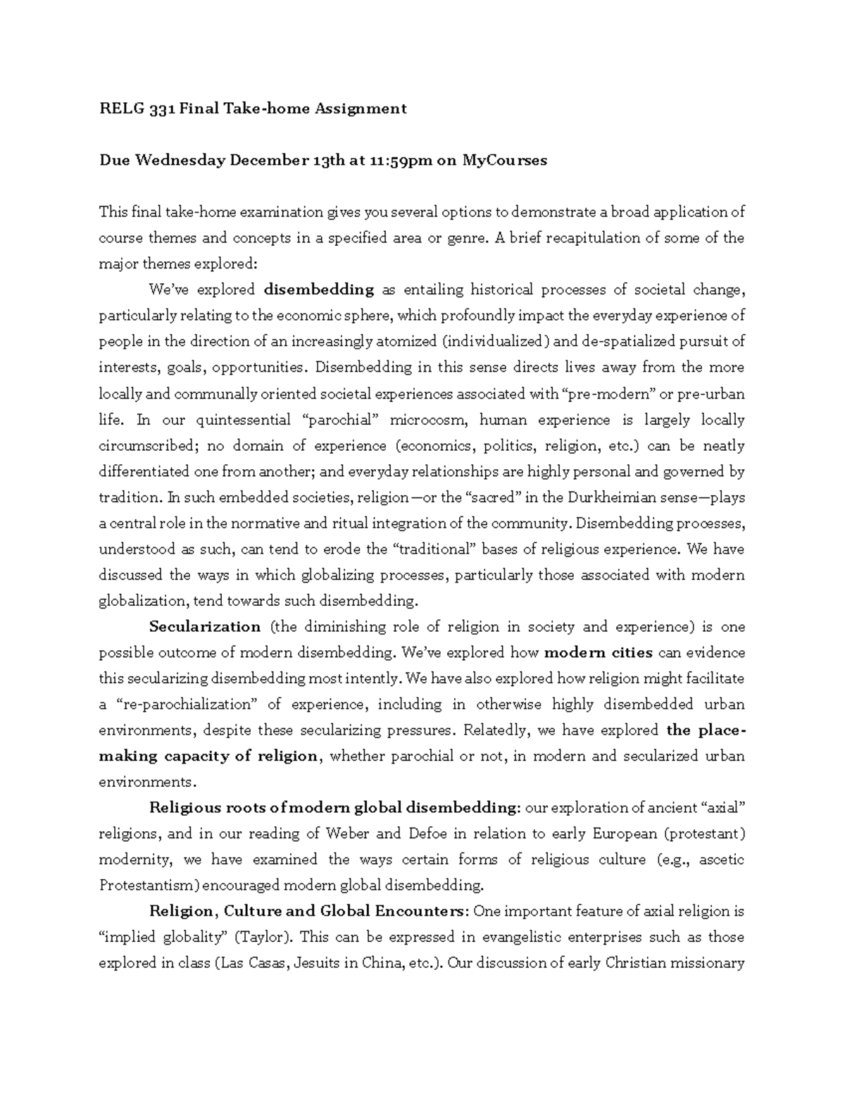 RELG 331 Final Takehome 2023 - RELG 331 Final Take-home Assignment Due ...