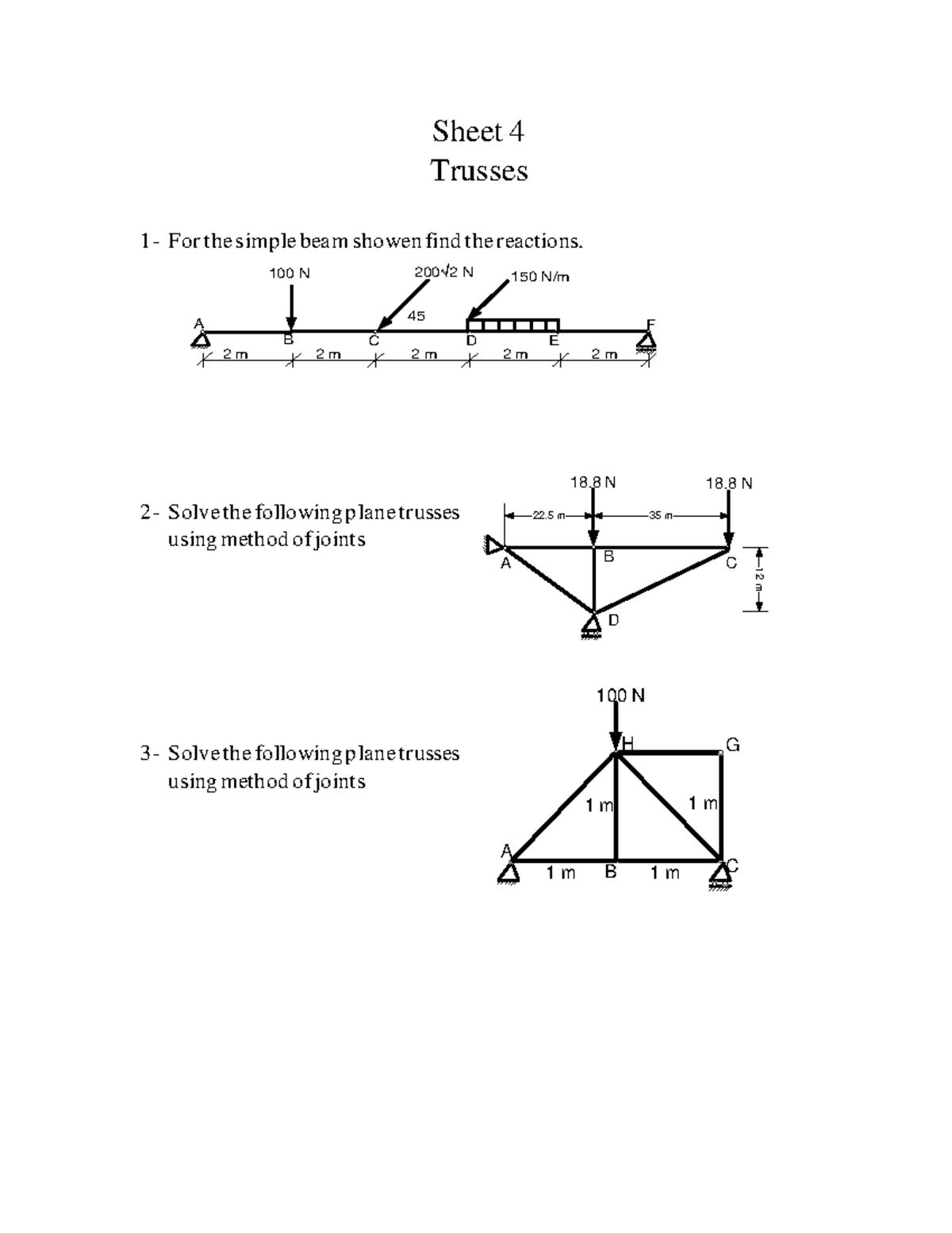 Mechanics - sheet 4 - Fall 2019 - Sheet 4 Trusses 1- For the simple ...