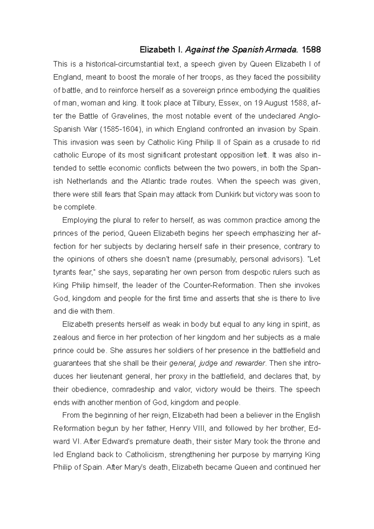 PEC. Primer Cuatrimestre. Elizabeth I: Against the Spanish Armada ...