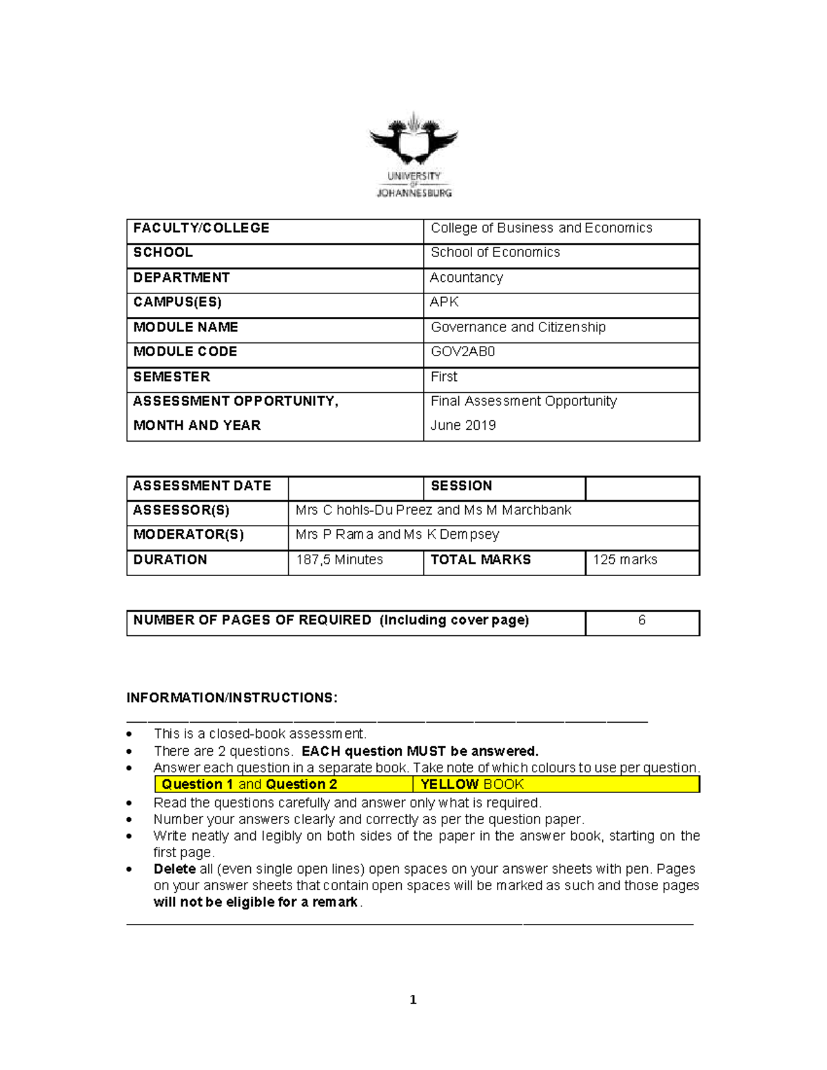 2019 Assessment for Governance - GOV2AB0 - UJ - Studocu