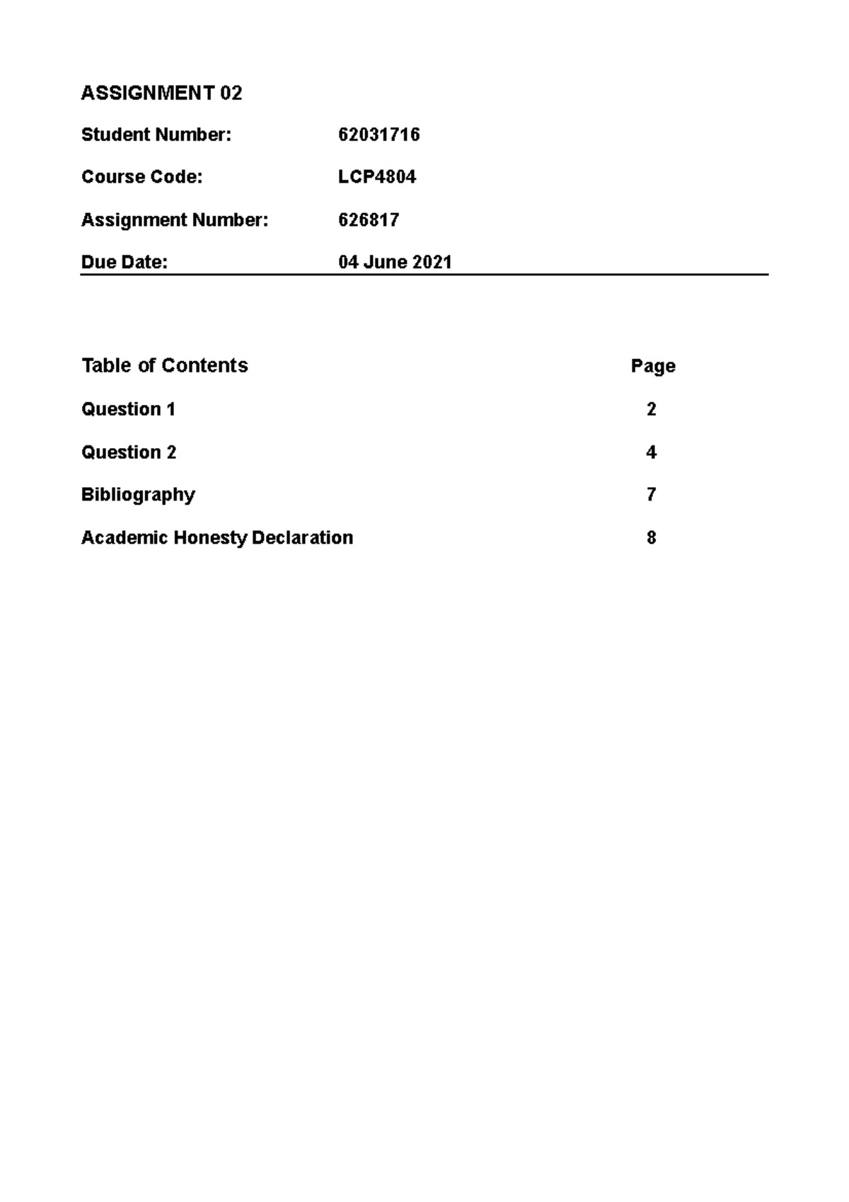 LCP4804 - Assignment 02 notes 2021 - Table of Contents Page ASSIGNMENT ...