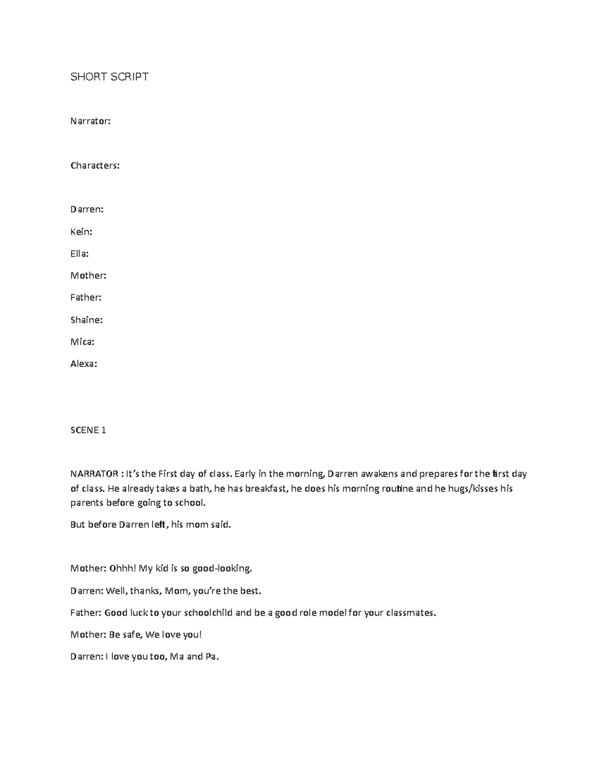 Per. Dev. Script - SHORT SCRIPT Narrator: Characters: Darren: Kein ...