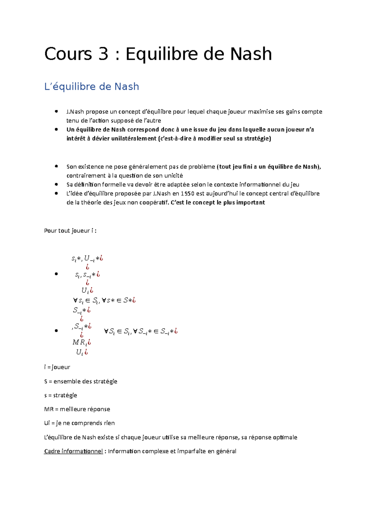 Cours 3 - Introduction à la théorie des jeux suite - Cours 3 : Equilibre de Nash L’équilibre de ...