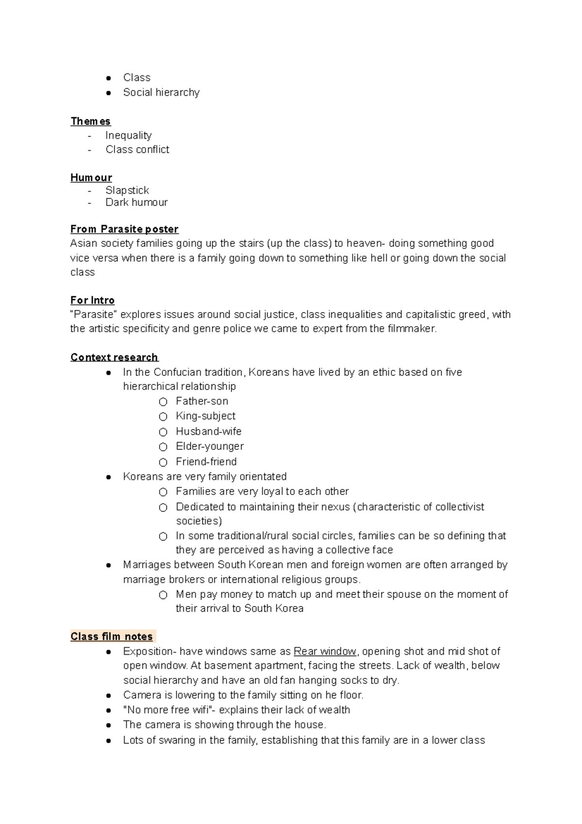 Parasite Film Study Notes - Class Social hierarchy Themes - Inequality ...