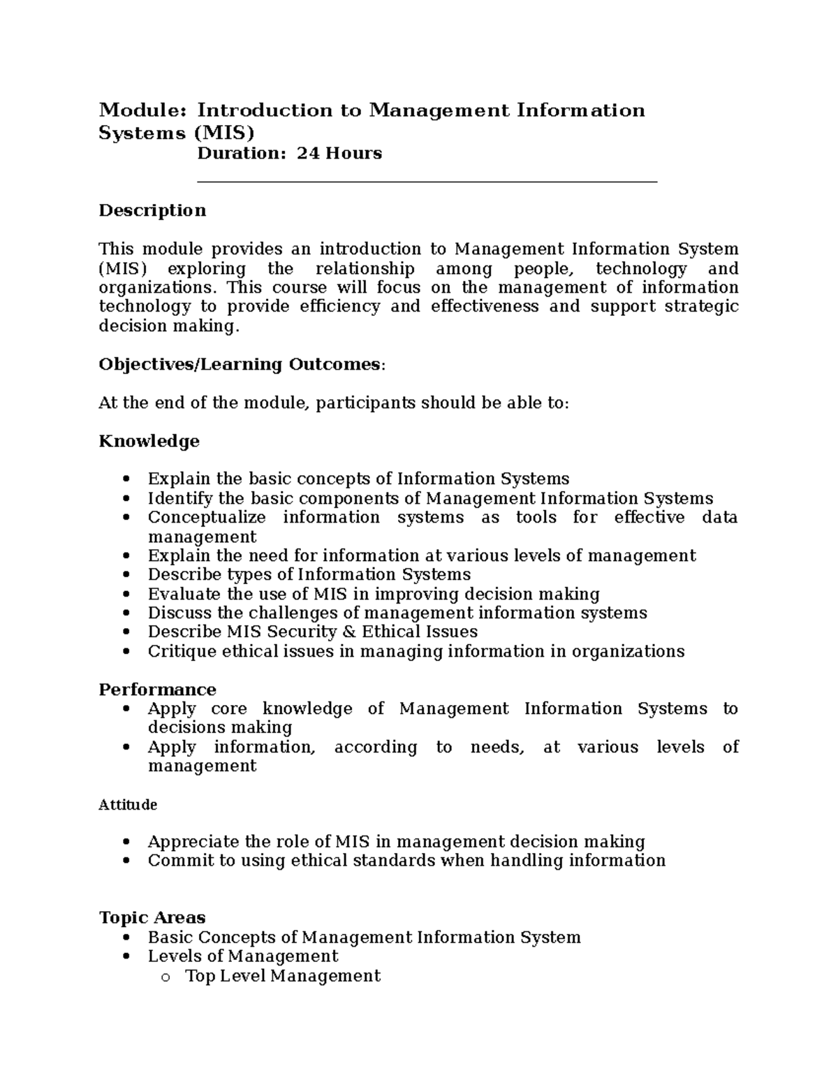 Module Outline (MIS) - Module: Introduction to Management Information ...