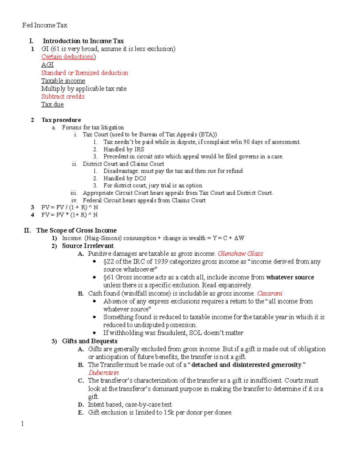 JL Fed Income Tax Outline - Fed Income Tax I. Introduction to Income ...