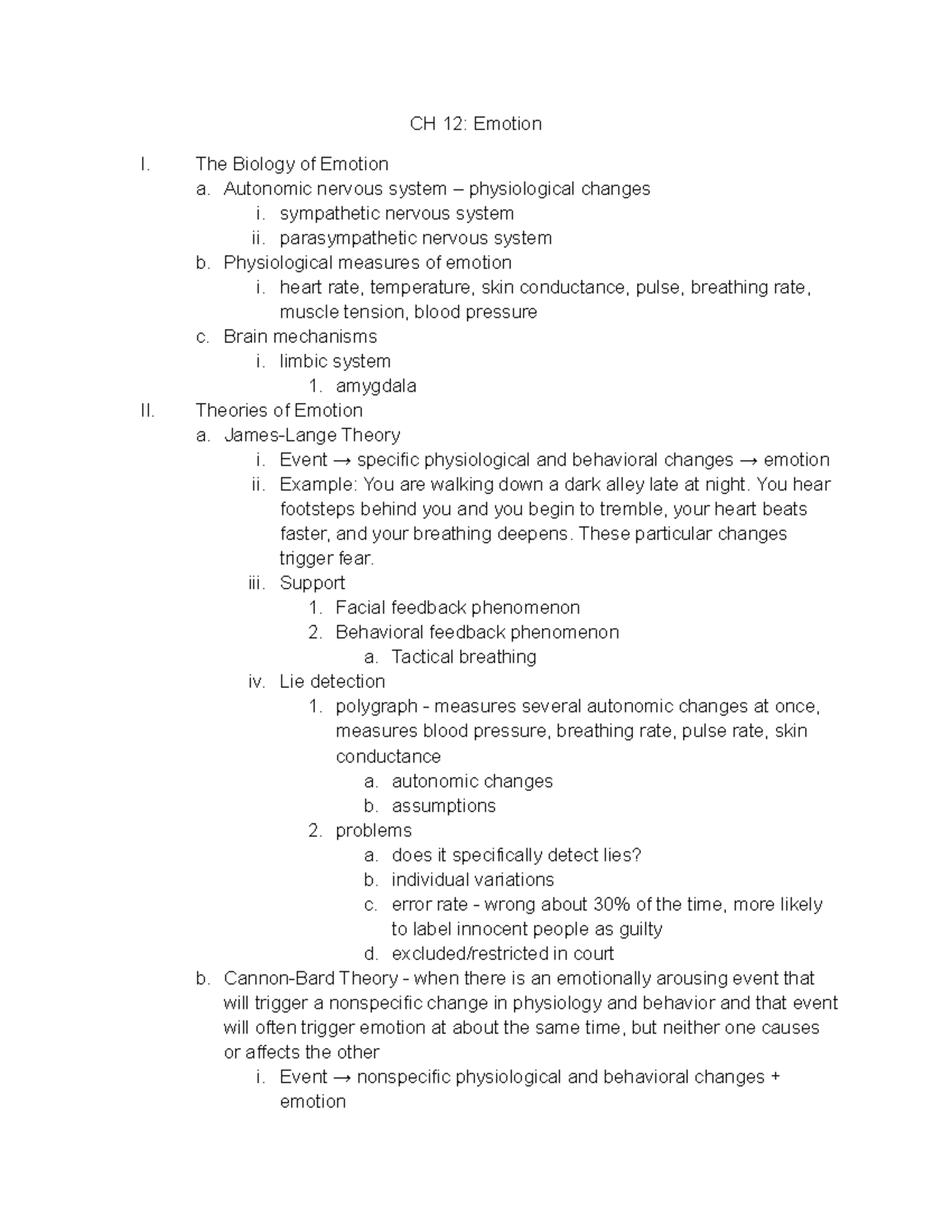 CH 12 emotion outline - Rollins - CH 12: Emotion I. The Biology of ...