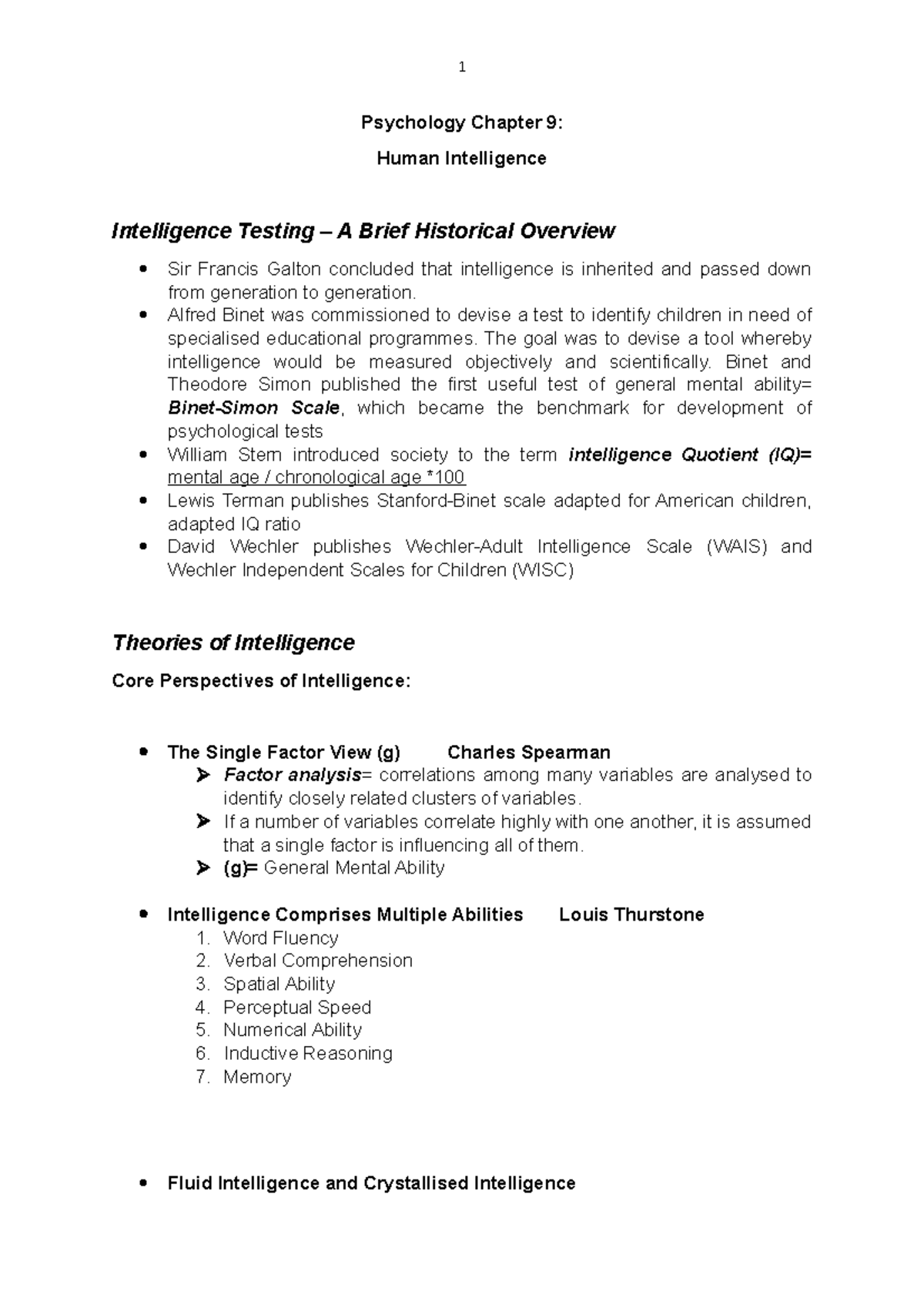 Chapter 9 summary - 1 Psychology Chapter 9: Human Intelligence ...