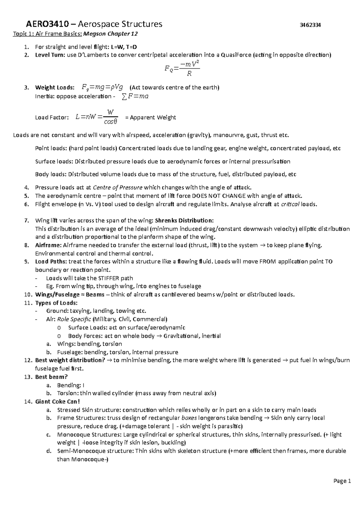 AERO3410 Final Exam Notes - AERO3410 Aerospace Structures 3462334 Topic ...