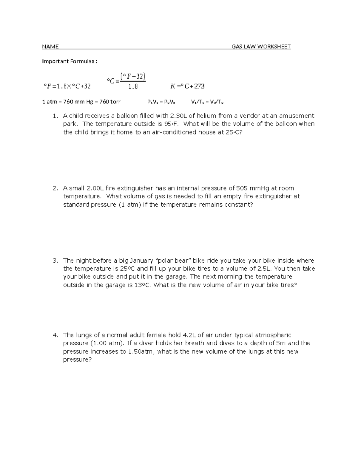 Gas Law Extra Credit Worksheet sp23 - NAME GAS LAW WORKSHEET Important ...