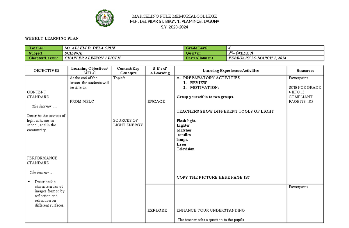 Science Grade 4 Lesson 1WEEK 3 Copy - M. DEL PILAR ST. BRGY. 1 ...