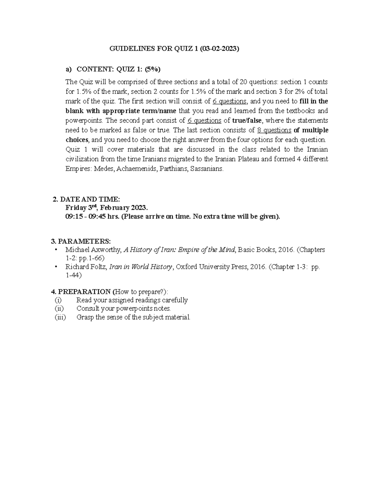 Guidelines FOR QUIZ 1 - GUIDELINES FOR QUIZ 1 (03-02-2023) a) CONTENT ...