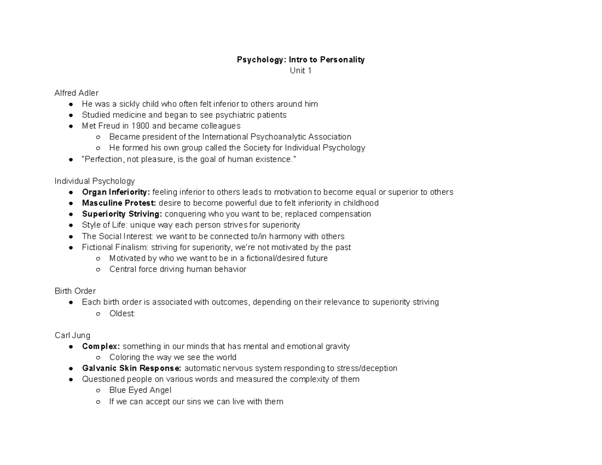 Psych notes - Psychology: Intro to Personality Unit 1 Alfred Adler He ...