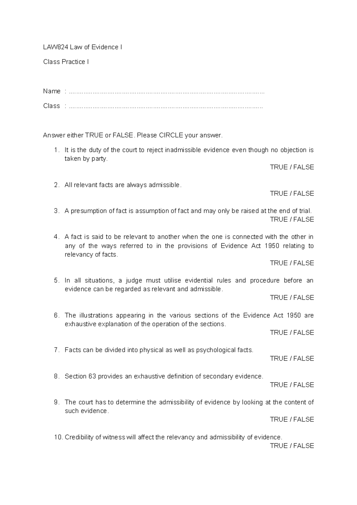 LAW824 - Class Practice 1 - LAW824 Law of Evidence I Class Practice I ...