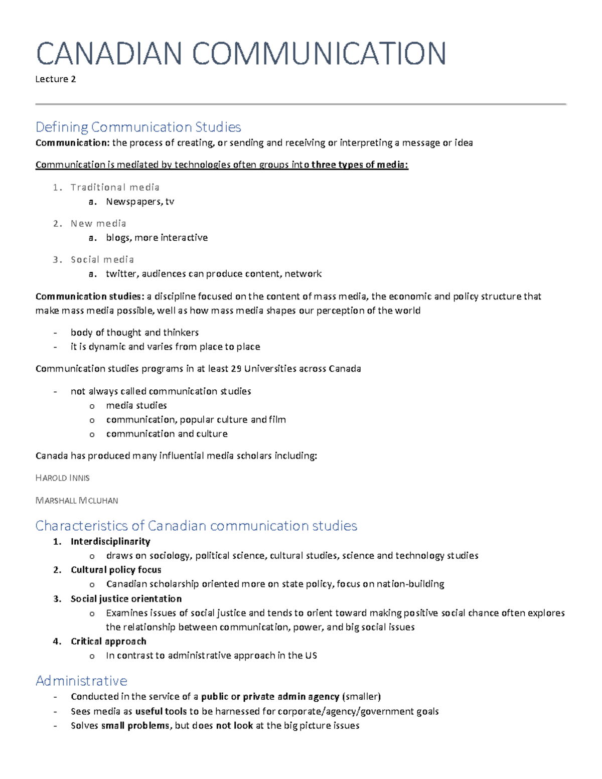 Communications - Lecture 2 - CANADIAN COMMUNICATION Lecture 2 Defining ...
